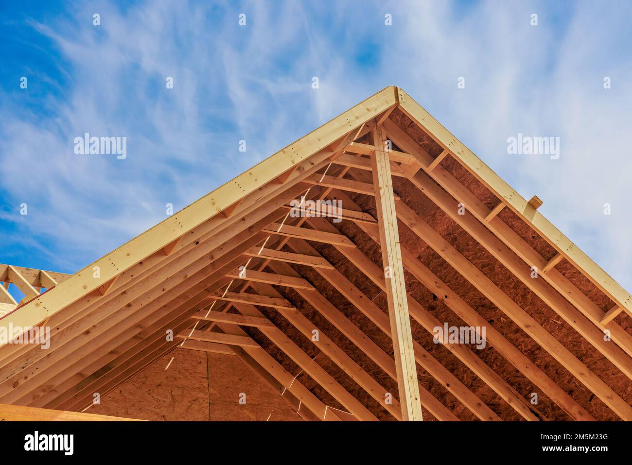 Wooden roof structure viewed from above. Construction of a new house ...