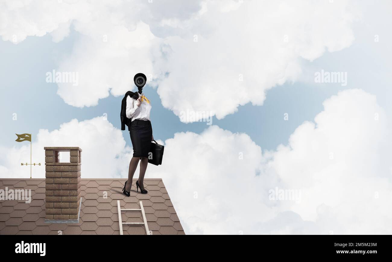 Concept of security and privacy protection with camera headed woman ...