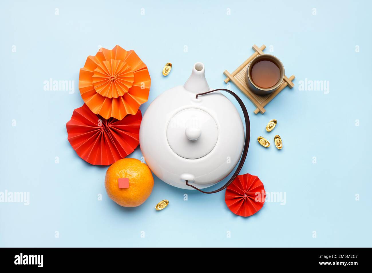 Teapot with cup, mandarin and Chinese symbols on blue background. New ...
