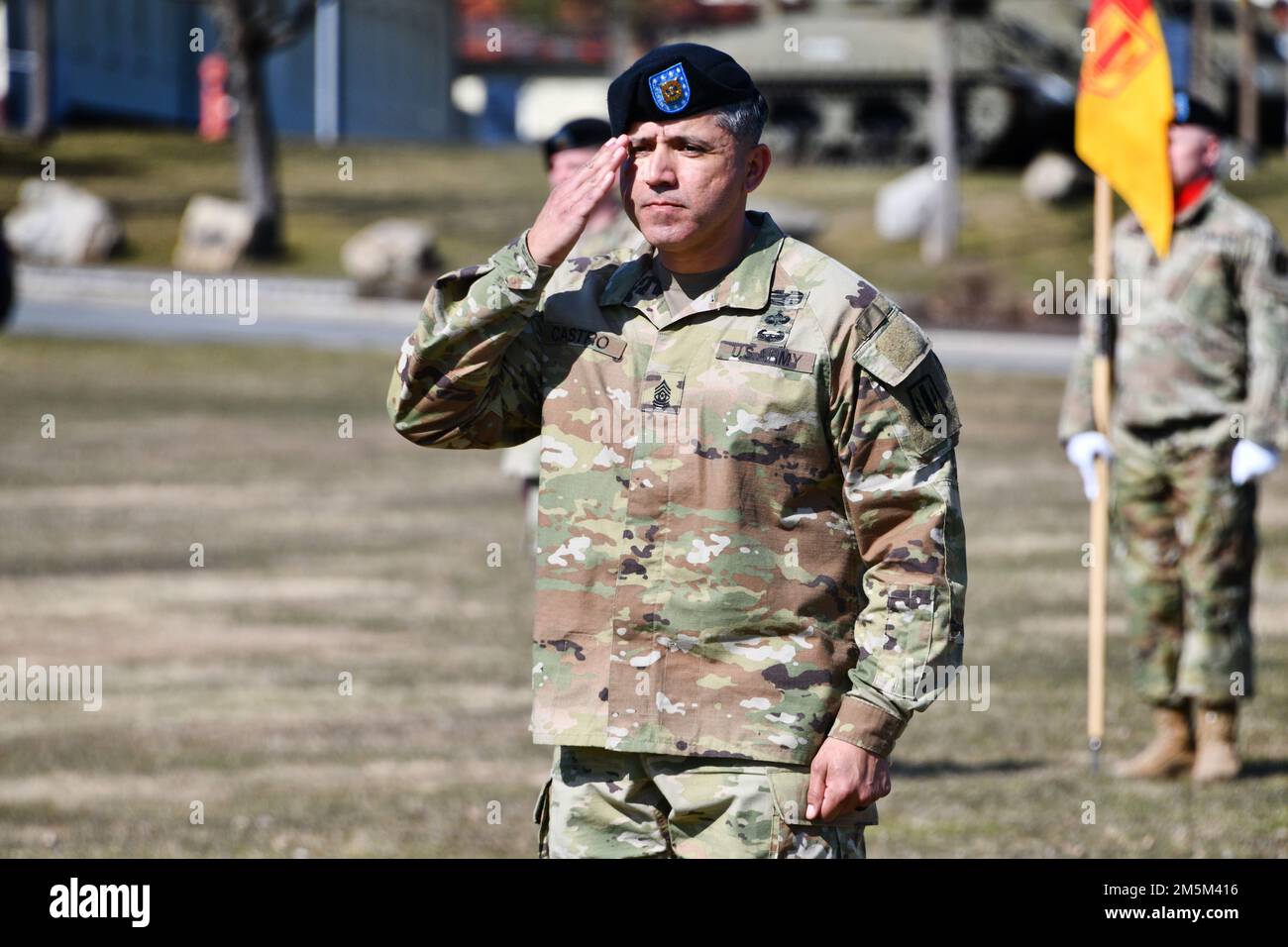 U.S. Army Command Sgt. Maj. Kristian Castro, left, the incoming 41st ...