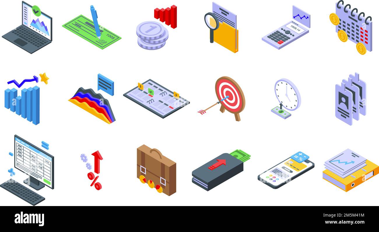 Financial planning icons set isometric vector. Risk manage. Account ...