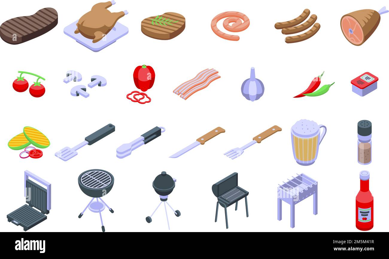 Grilled food icons set. Isometric set of grilled food vector icons for ...