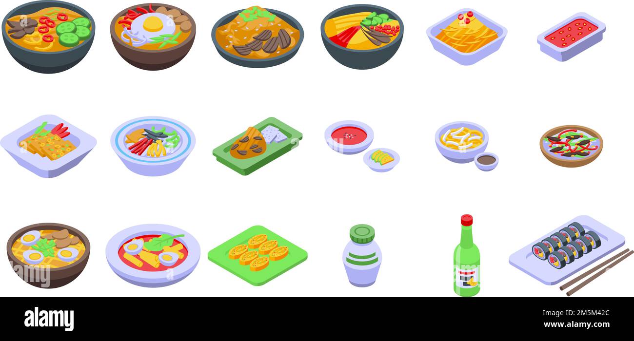 Korean cuisine icons set. Isometric set of korean cuisine vector icons ...
