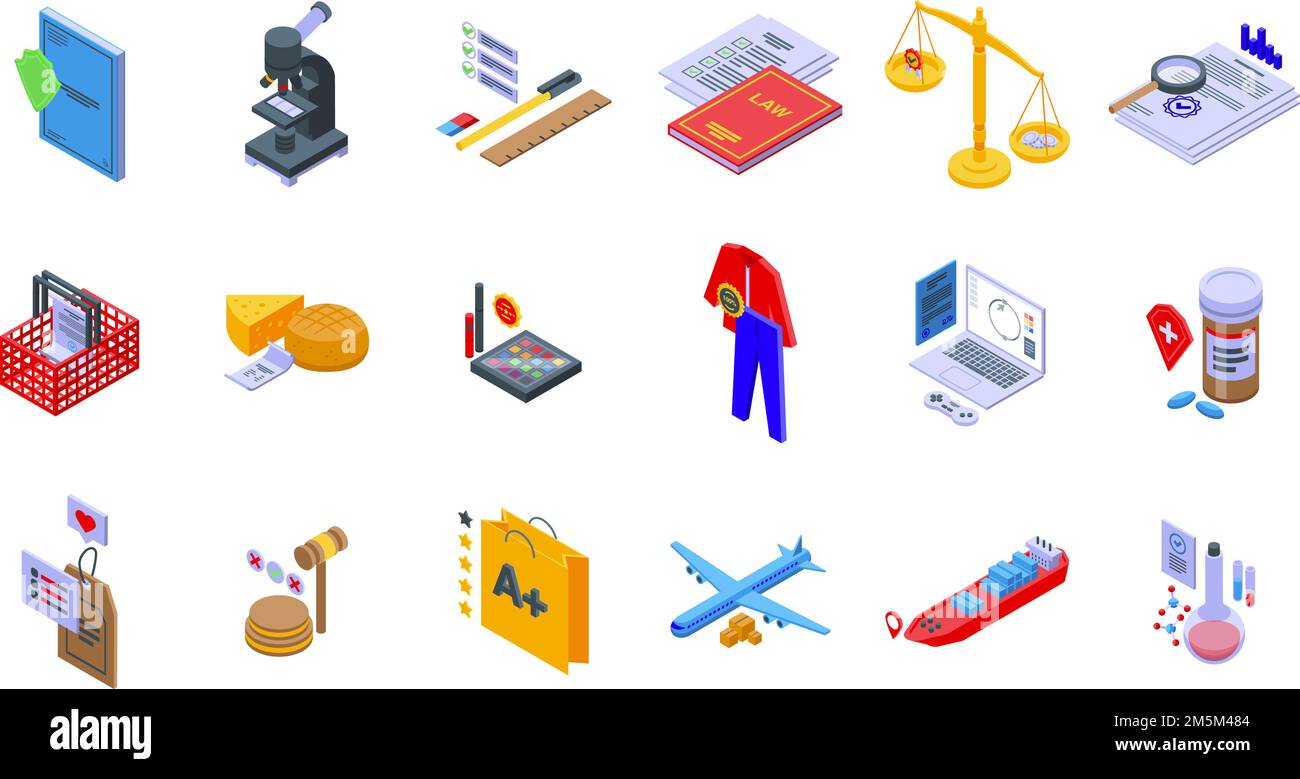 Regulated products icons set isometric vector. Control quality. Safety ...