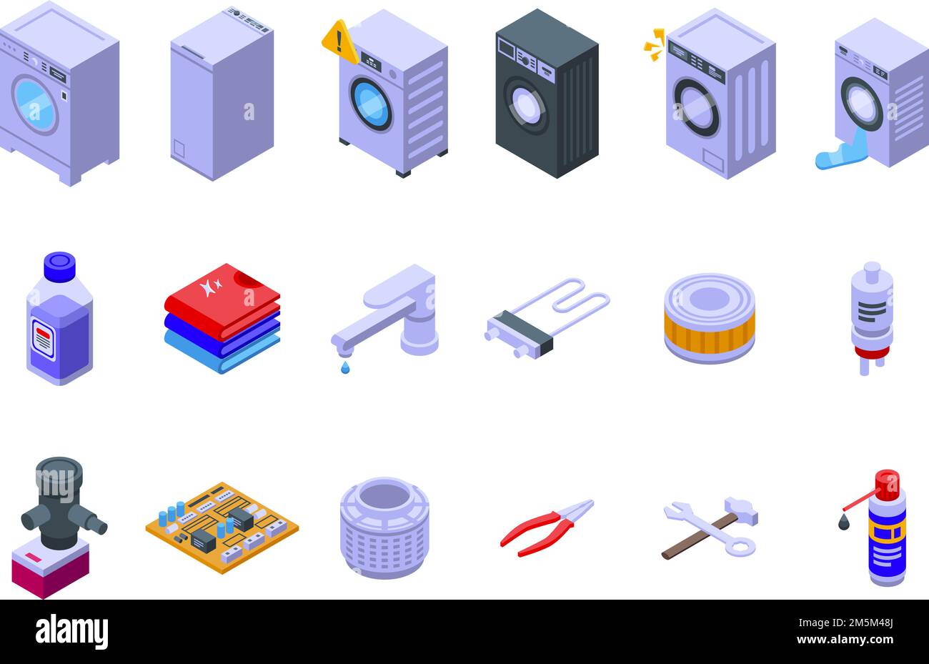 Washing machine repair icons set isometric vector. Broken appliance. Washing accident Stock ...