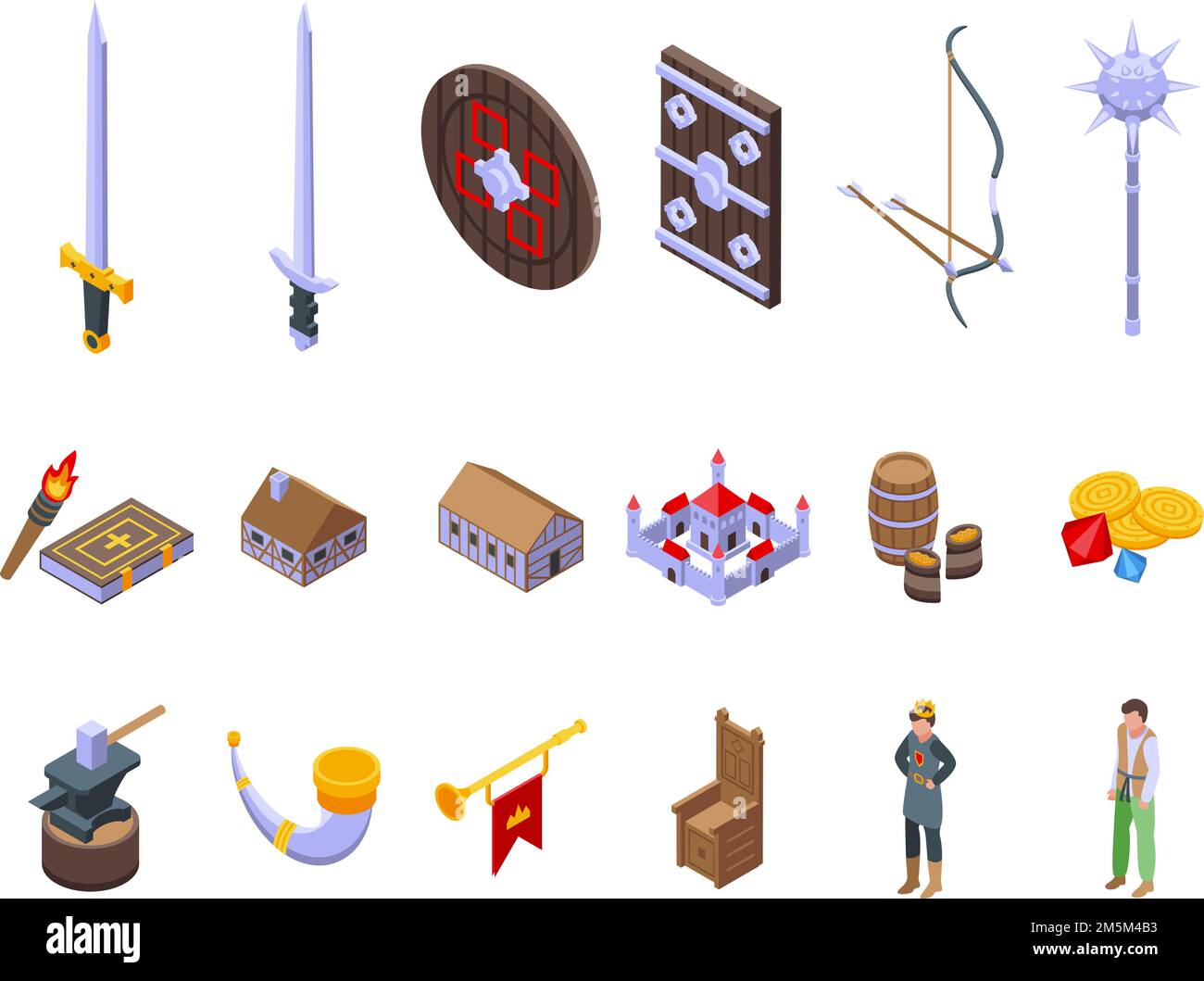 Medieval icons set isometric vector. History sword. Ancient people ...