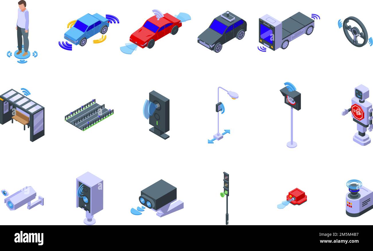 Road sensors icons set isometric vector. Traffic safety. System control ...