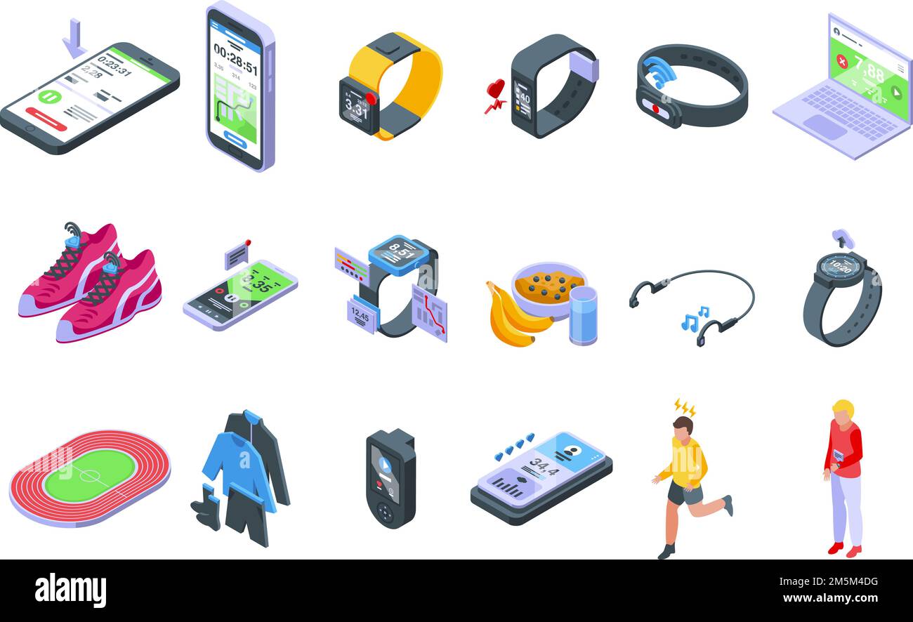 Runner app icons set isometric vector. Chart activity. Body data Stock ...