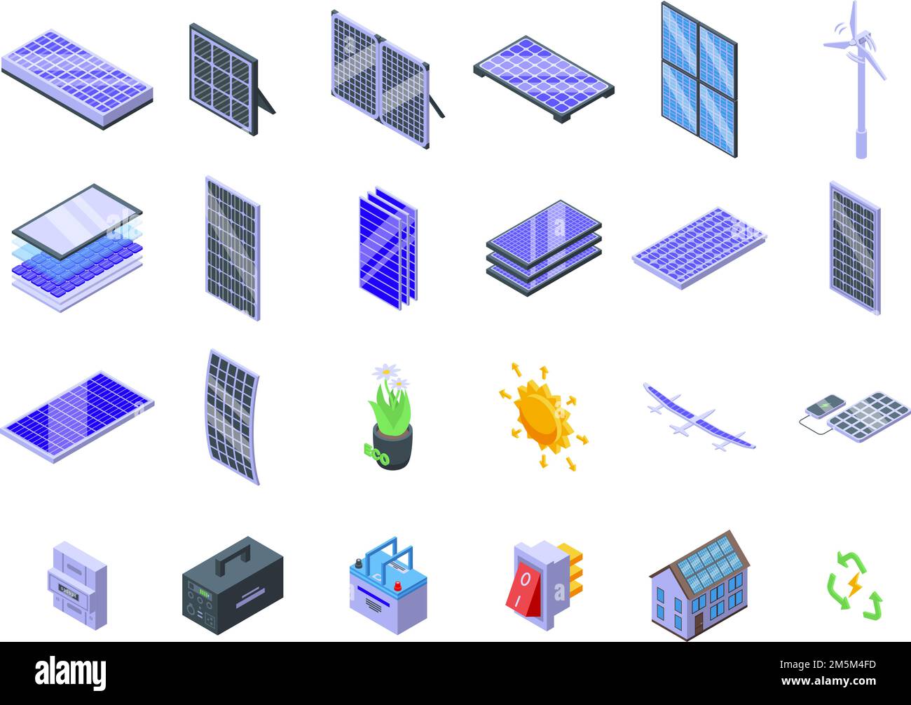 Solar panels icons set isometric vector. Solar inverter, Battery energy ...