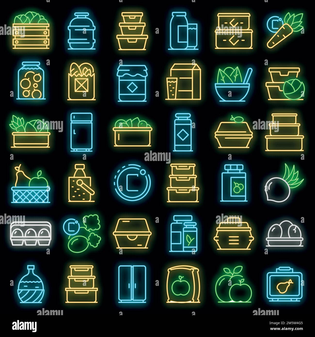 Food storage icons set. Outline set of food storage vector icons neon ...