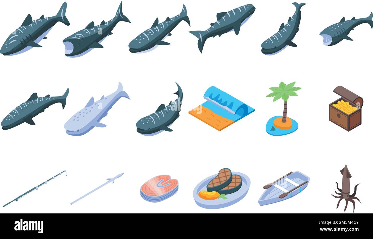 Whale shark icons set isometric vector. Fish animal. Exotic mammal ...