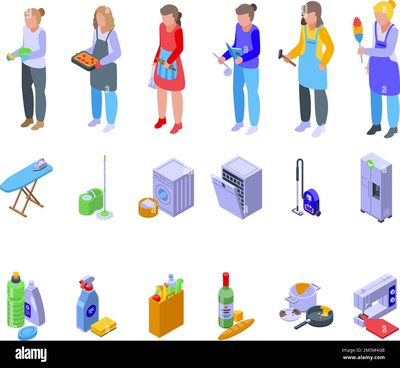 Housewife icons set isometric vector. Woman housekeeper. Cleaner girl ...
