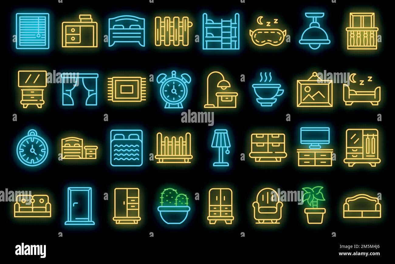 Bedroom icons set. Outline set of bedroom vector icons neon color on ...