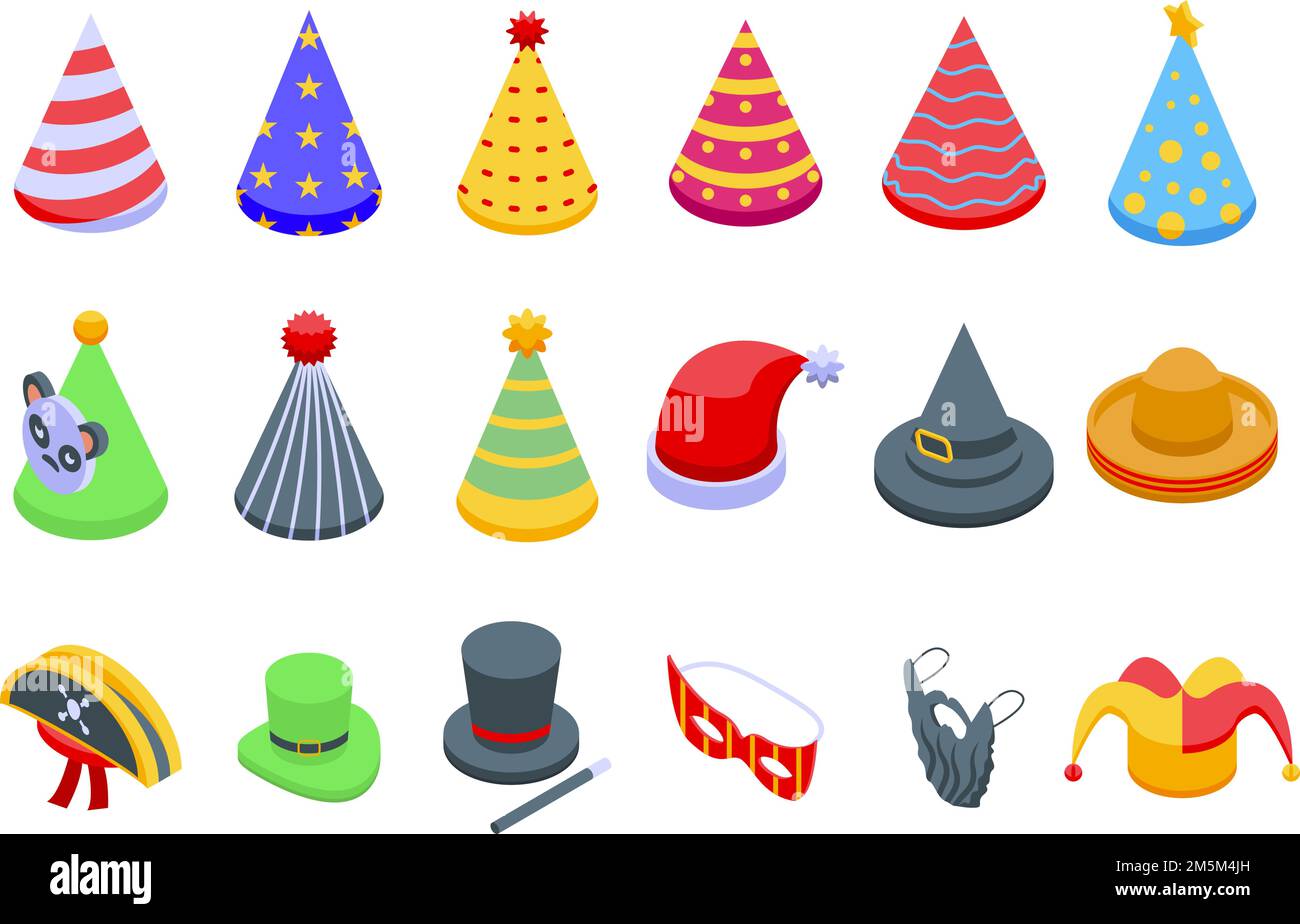 Party hats icons set isometric vector. Birthday cap. Carnival celebrate ...