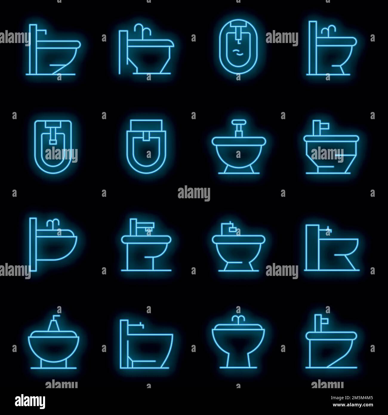 Bidet icons set. Outline set of bidet vector icons neon color on black ...
