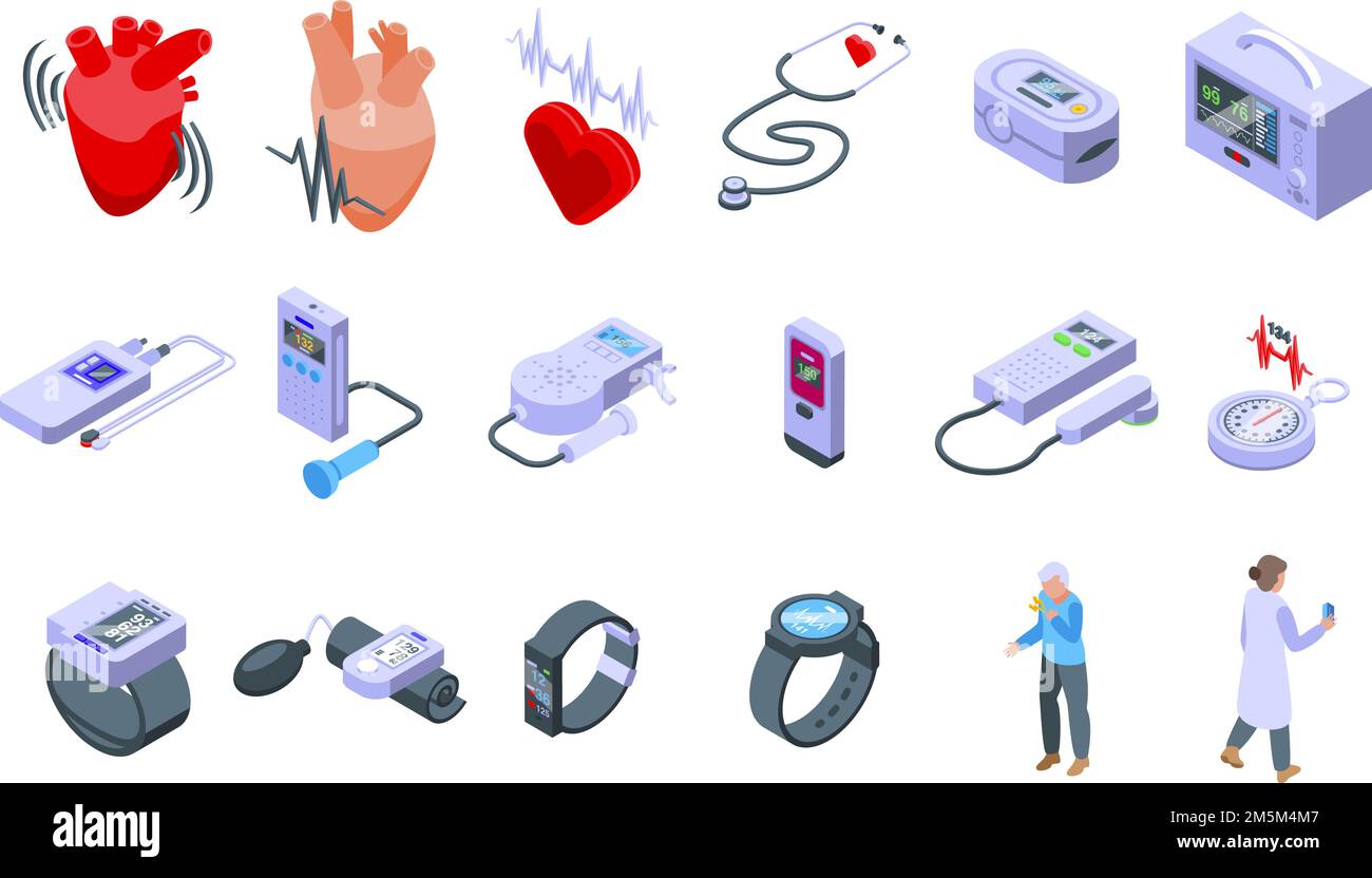 Palpitating icons set isometric vector. Abdomen aid. Breath attack ...