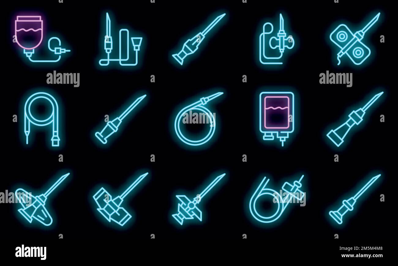 Catheter icons set. Outline set of catheter vector icons neon color on ...