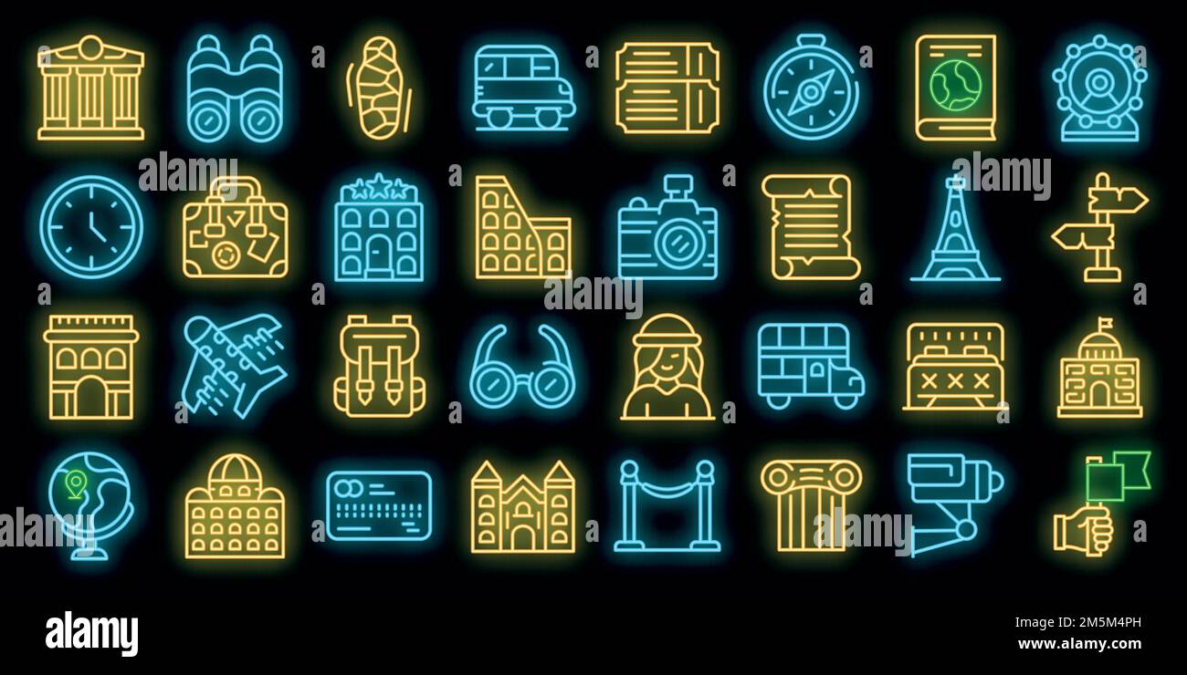 Sightseeing icons set. Outline set of sightseeing vector icons neon ...