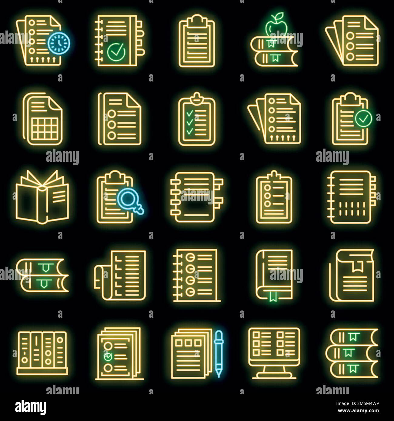 Syllabus icons set. Outline set of syllabus vector icons neon color on ...