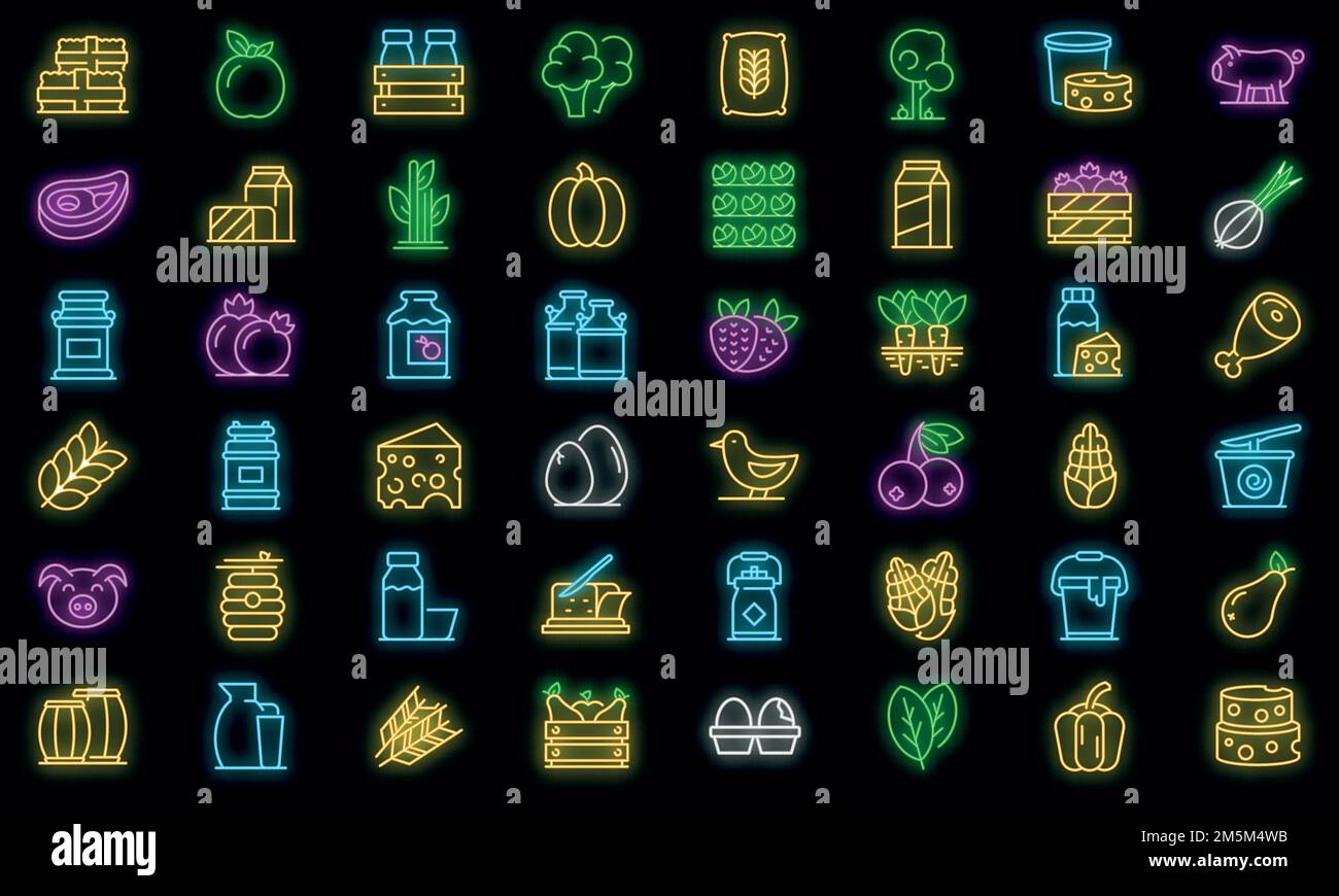 Farm products icons set. Outline set of farm products vector icons neon ...