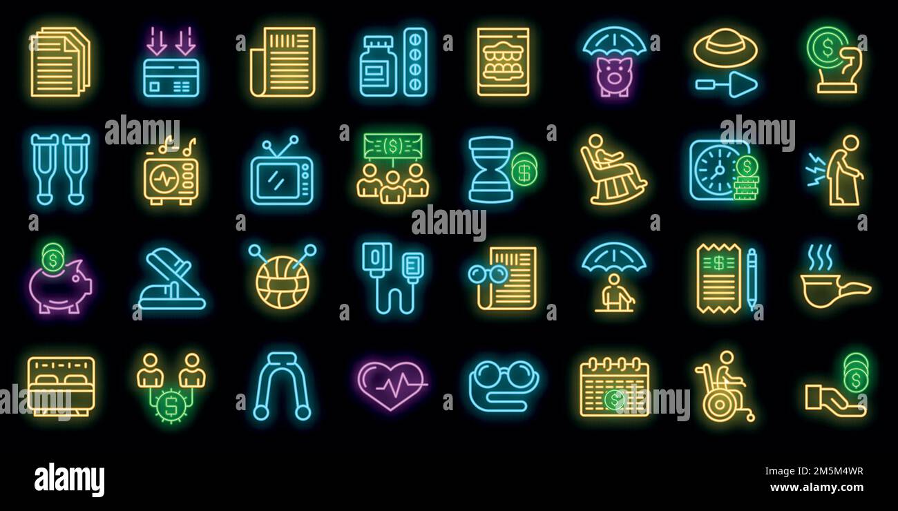 Retirement icons set. Outline set of retirement vector icons neon color ...