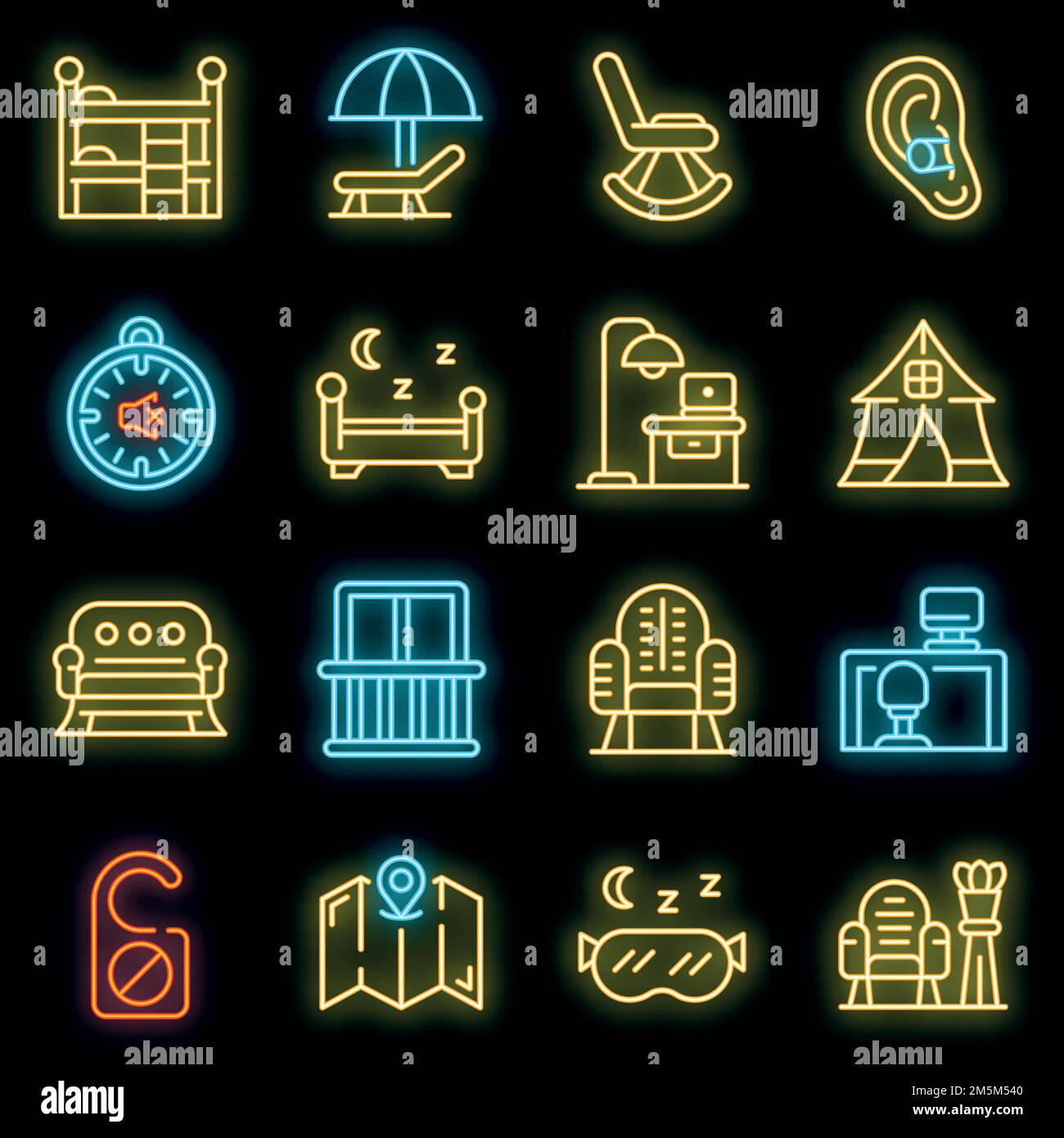Quiet spaces icons set. Outline set of quiet spaces vector icons neon ...