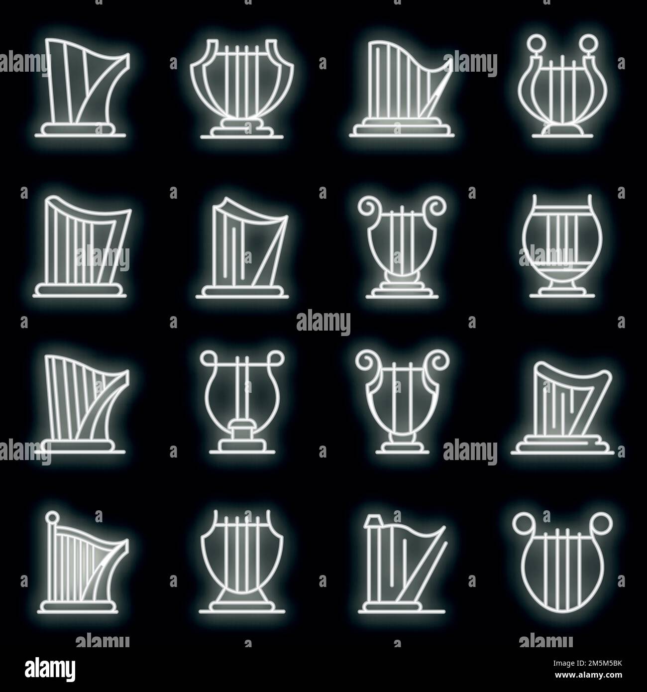 Harp icons set. Outline set of harp vector icons neon color on black ...