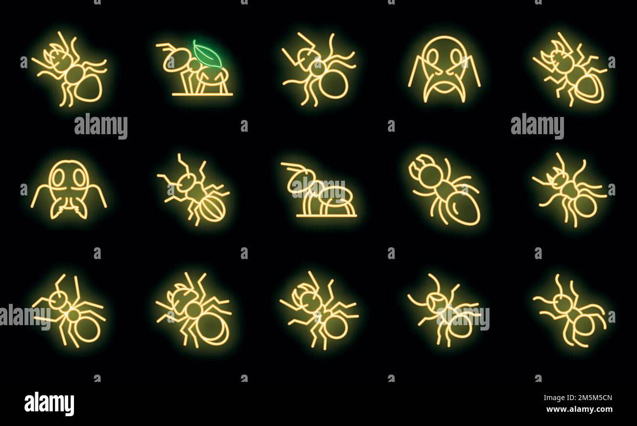 Ant icons set. Outline set of ant vector icons neon color on black ...