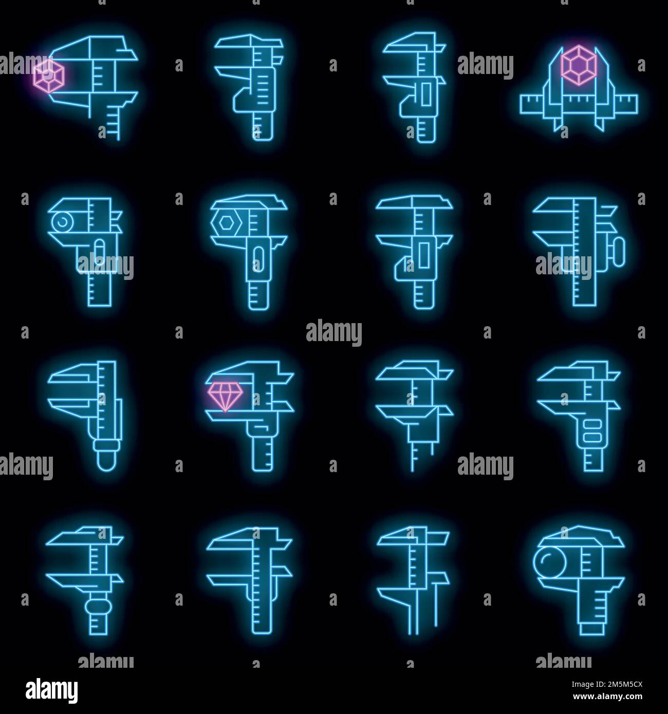 Calipers icons set. Outline set of calipers vector icons neon color on ...