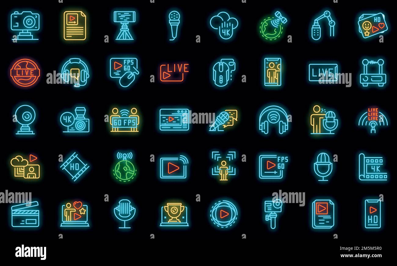 Stream icons set. Outline set of stream vector icons neon color on ...