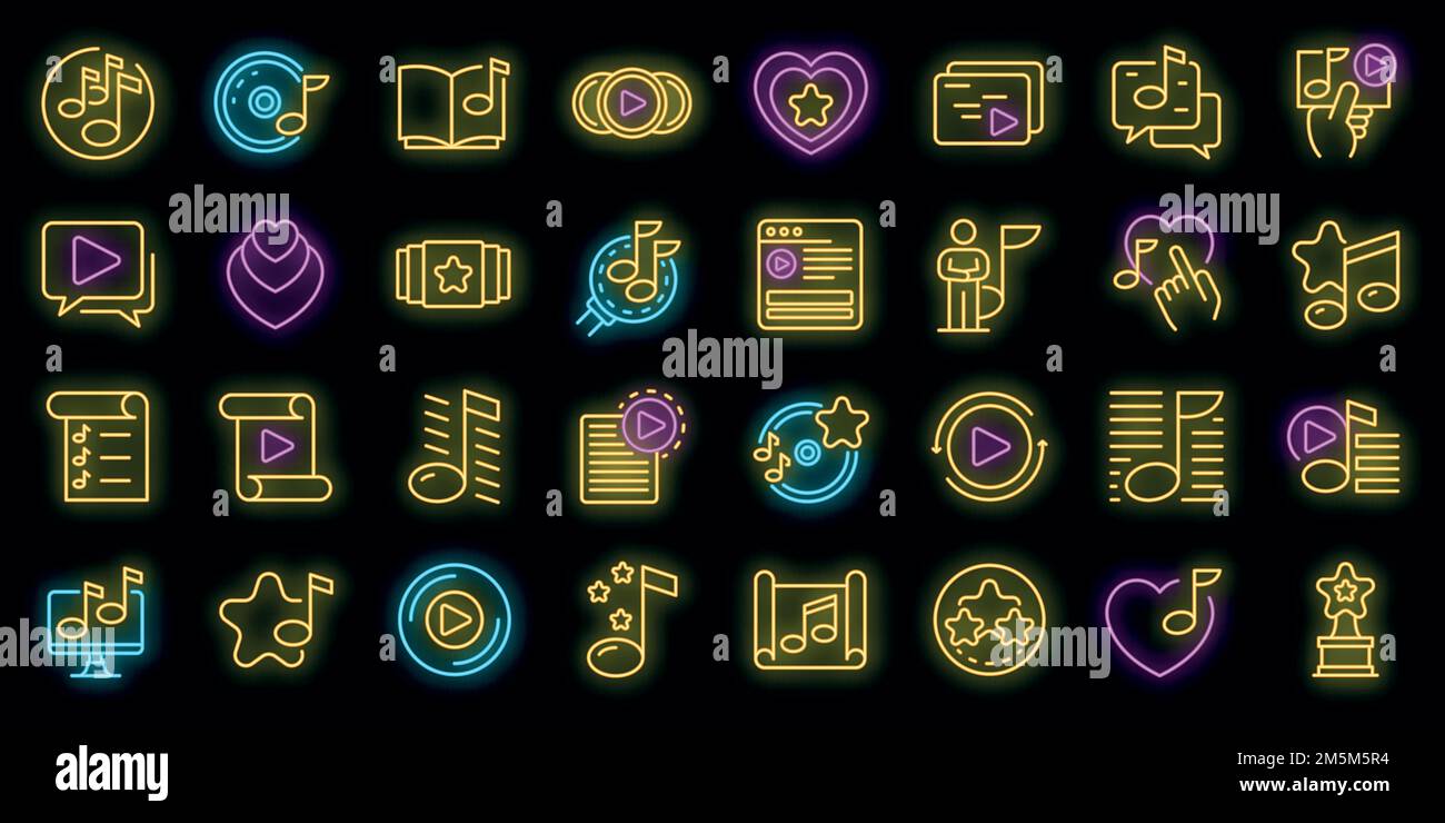 Playlist icons set. Outline set of playlist vector icons neon color on ...