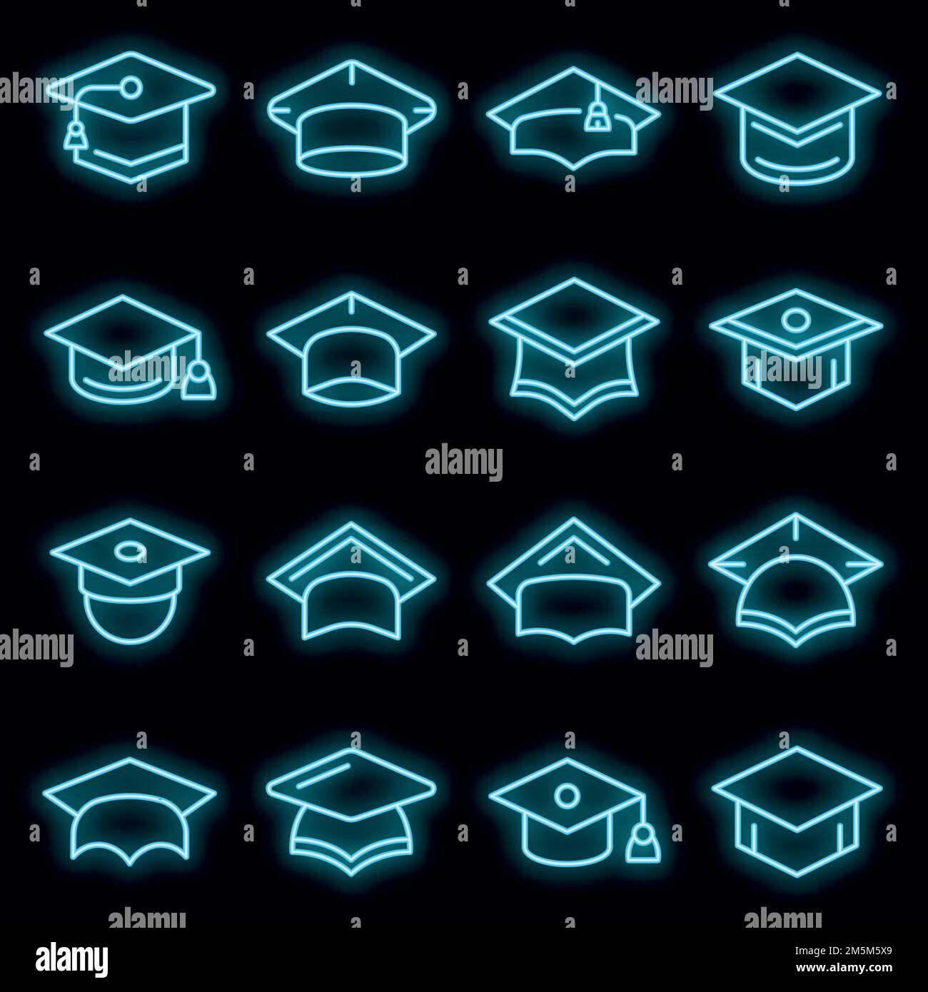 Graduation hat icons set. Outline set of graduation hat vector icons neon color on black Stock ...