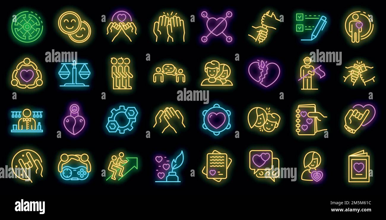 Trust icons set. Outline set of trust vector icons neon color on black ...