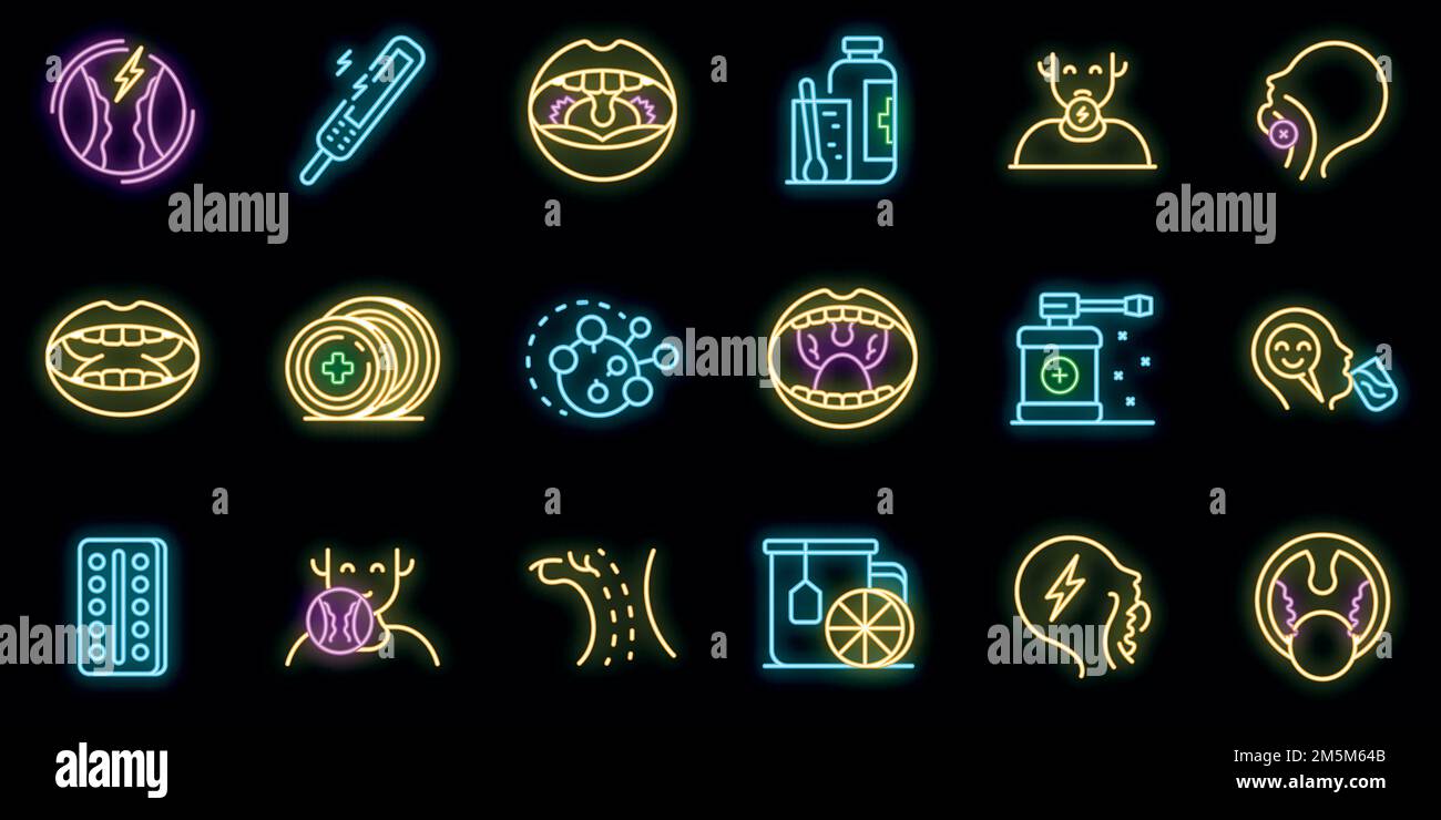Tonsillitis icons set. Outline set of tonsillitis vector icons neon ...