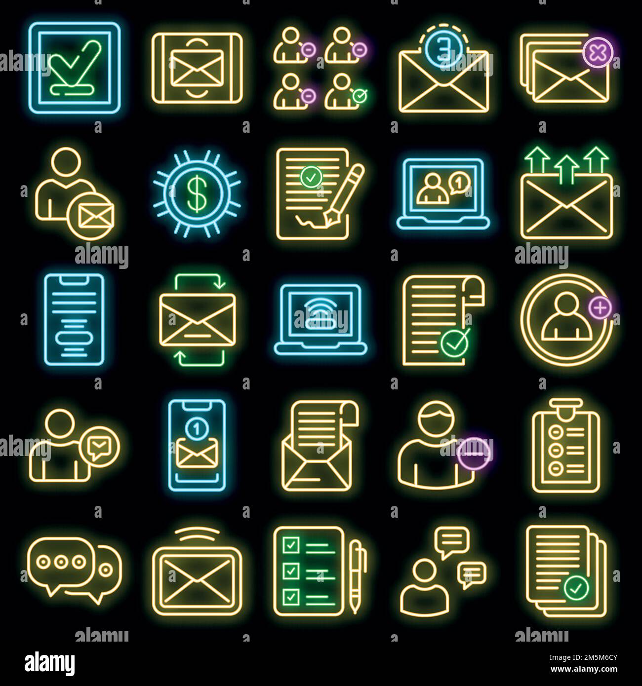 Request icons set. Outline set of request vector icons neon color on ...