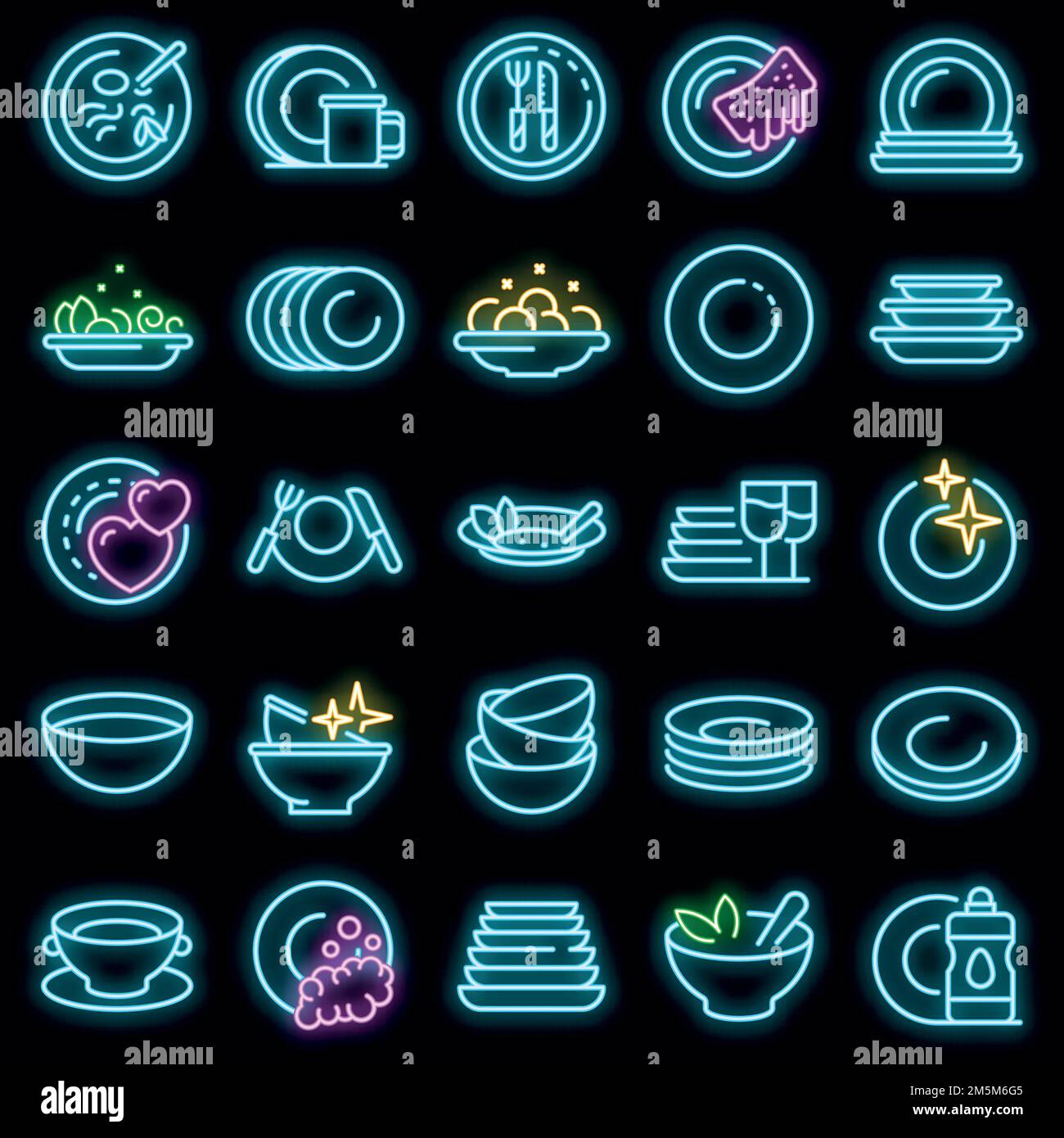 Plate icons set. Outline set of plate vector icons neon color on black ...