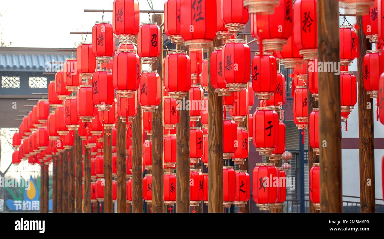 HANDAN, CHINA - DECEMBER 30, 2022 - Red lanterns are installed at a ...