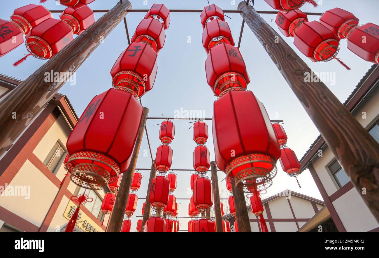 HANDAN, CHINA - DECEMBER 30, 2022 - Red lanterns are installed at a ...
