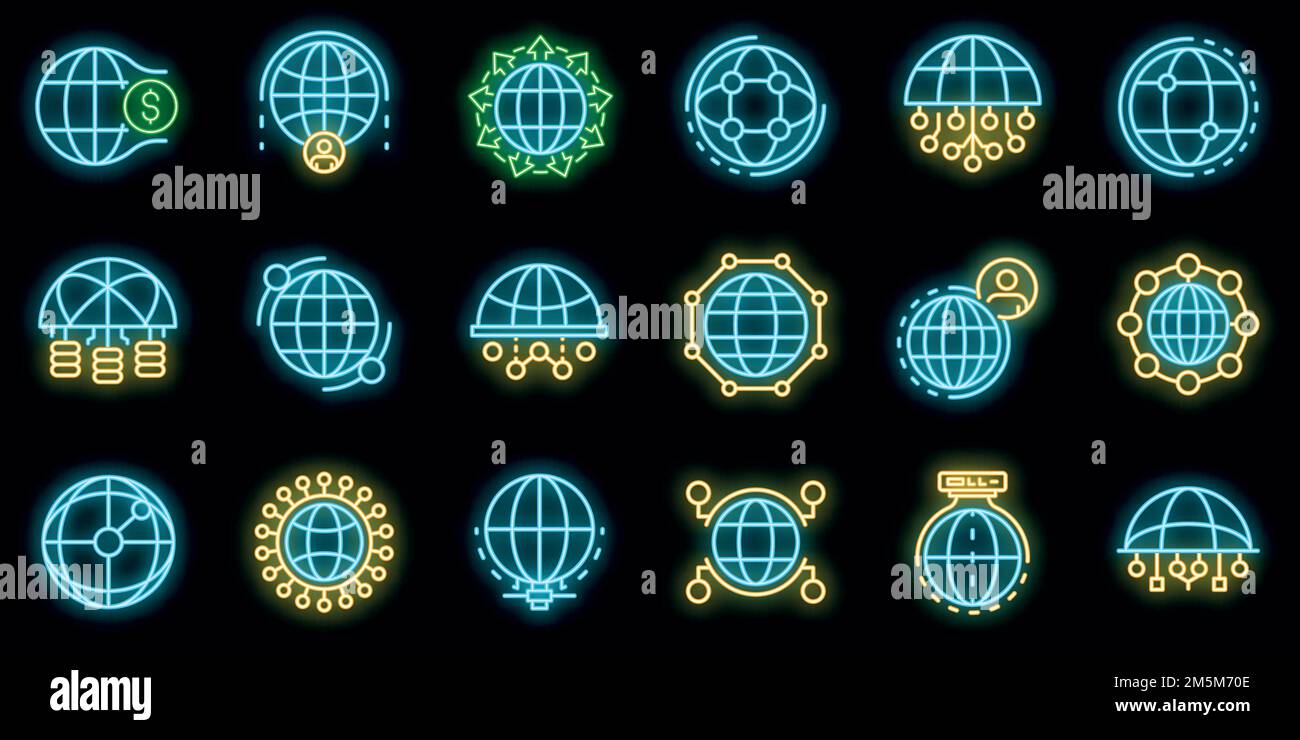 Global network icons set. Outline set of global network vector icons neon color on black Stock ...