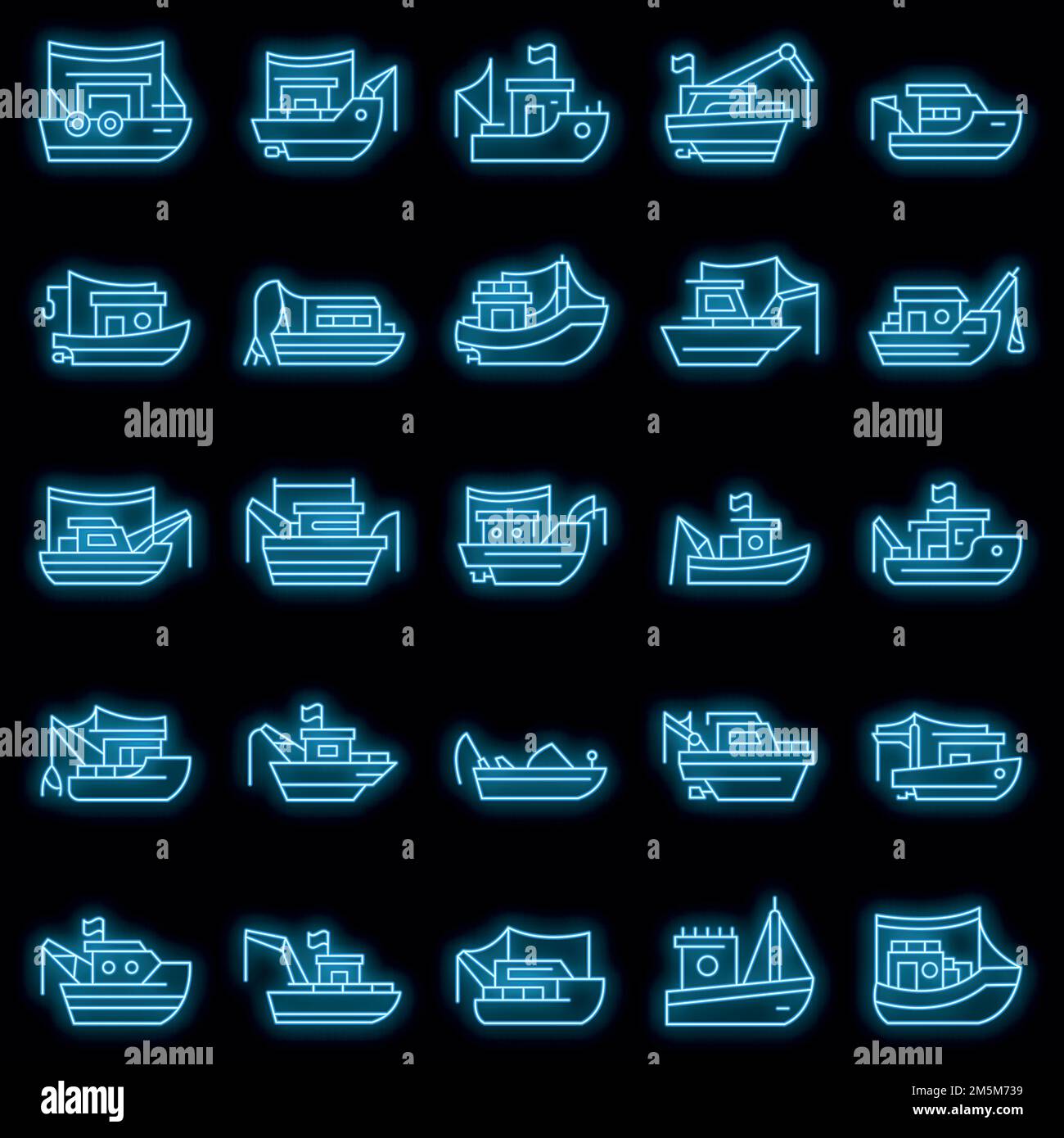 Fishing boat icons set. Outline set of fishing boat vector icons neon ...