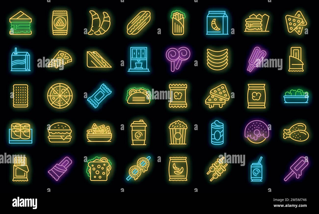 Snack bar icons set. Outline set of snack bar vector icons neon color ...
