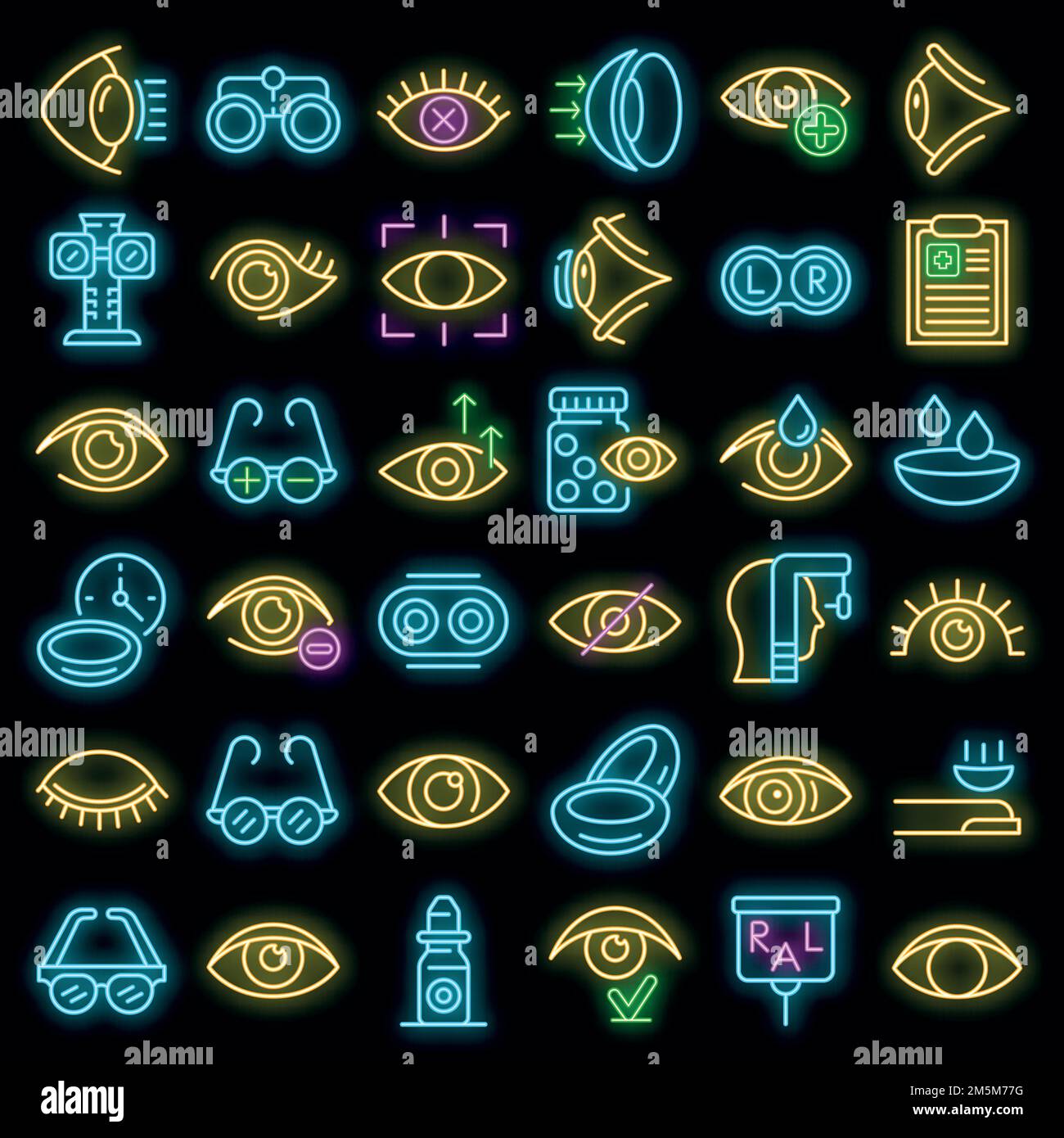 Eyes icons set. Outline set of eyes vector icons neon color on black ...