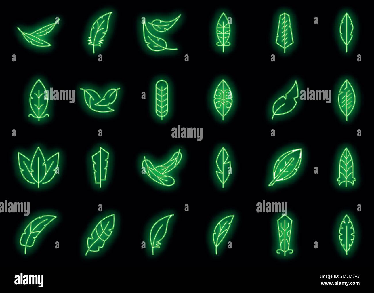 Feathers icons set. Outline set of feathers vector icons neon color on ...