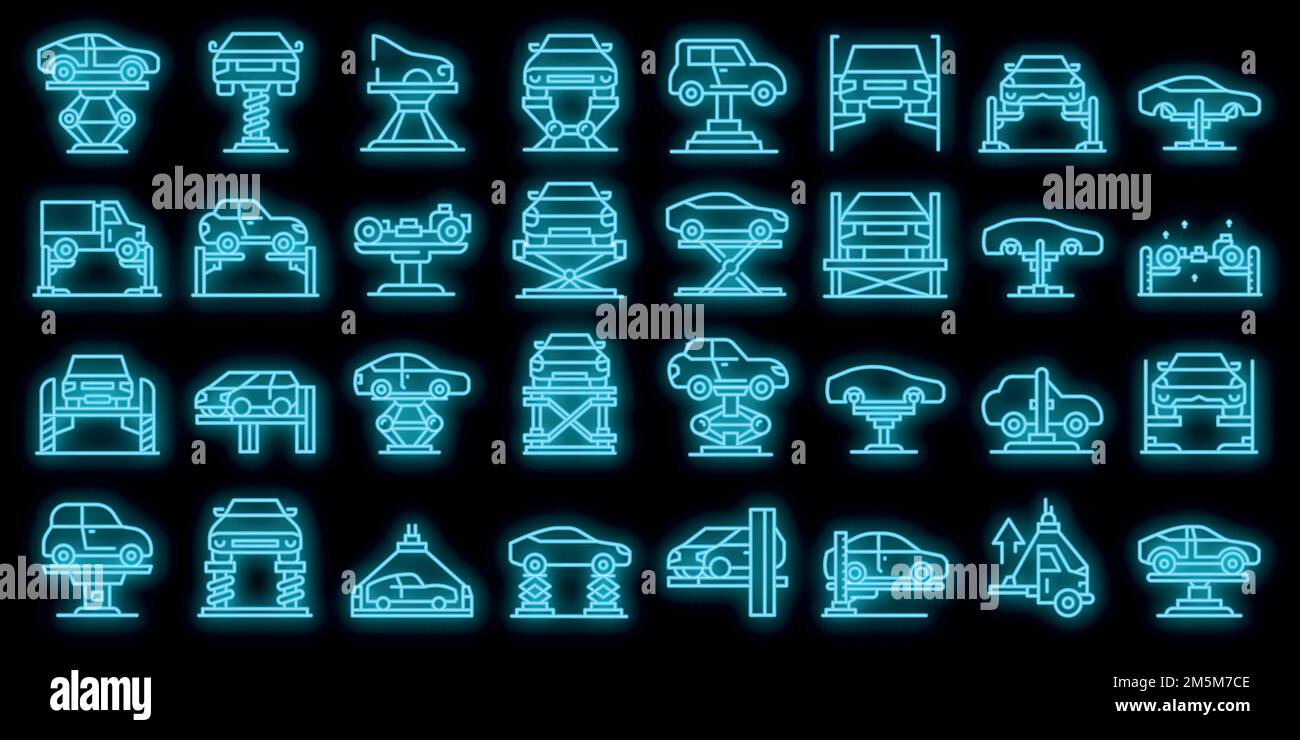 Car lift icons set. Outline set of car lift vector icons neon color on ...