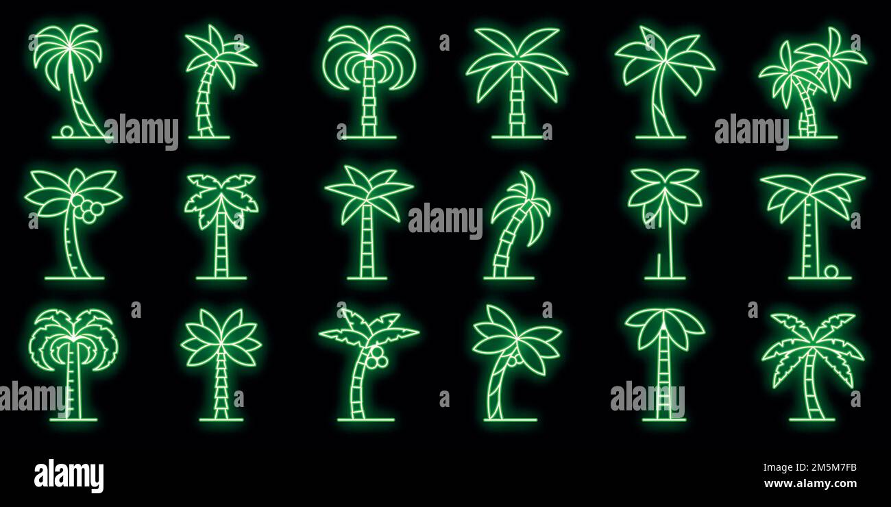 Palm icons set. Outline set of palm vector icons neon color on black ...