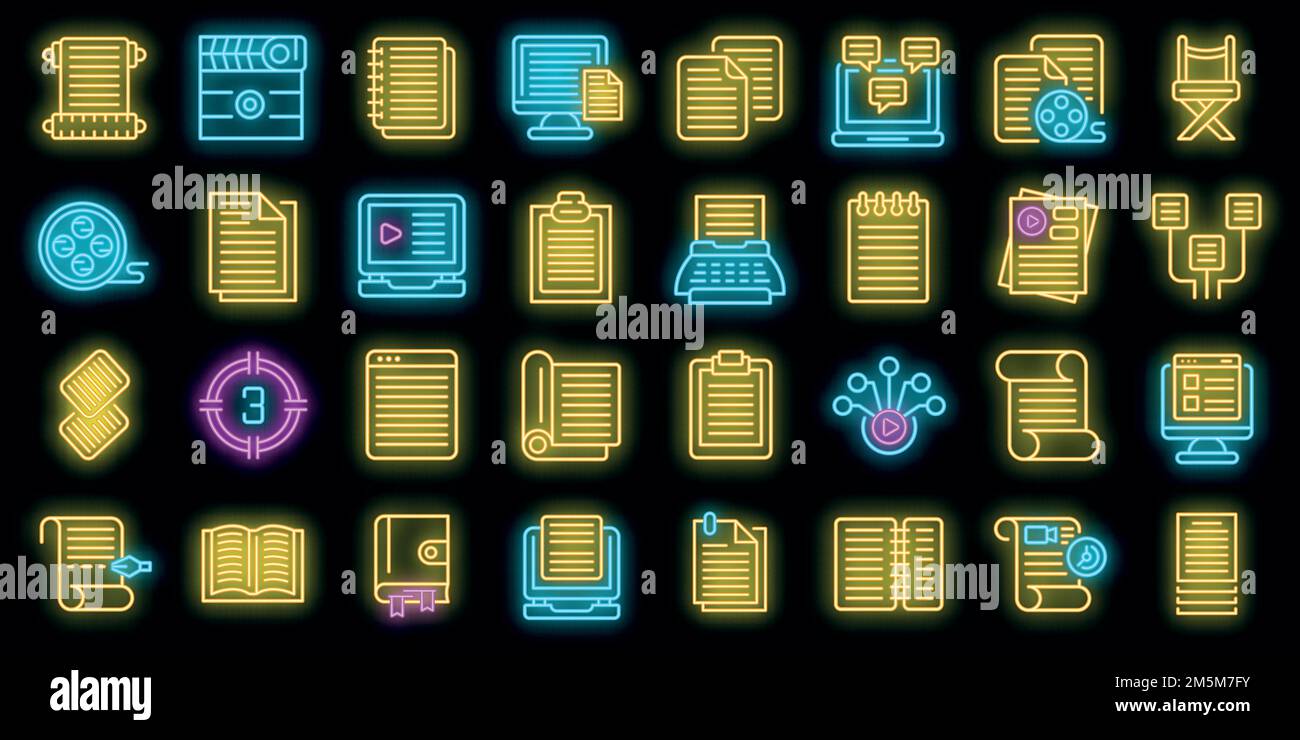 Scenario icons set. Outline set of scenario vector icons neon color on ...