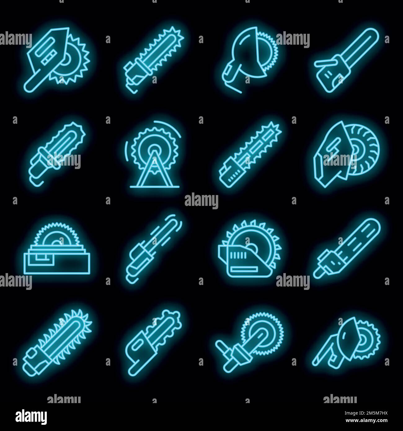 Electric saw icons set. Outline set of electric saw vector icons neon ...