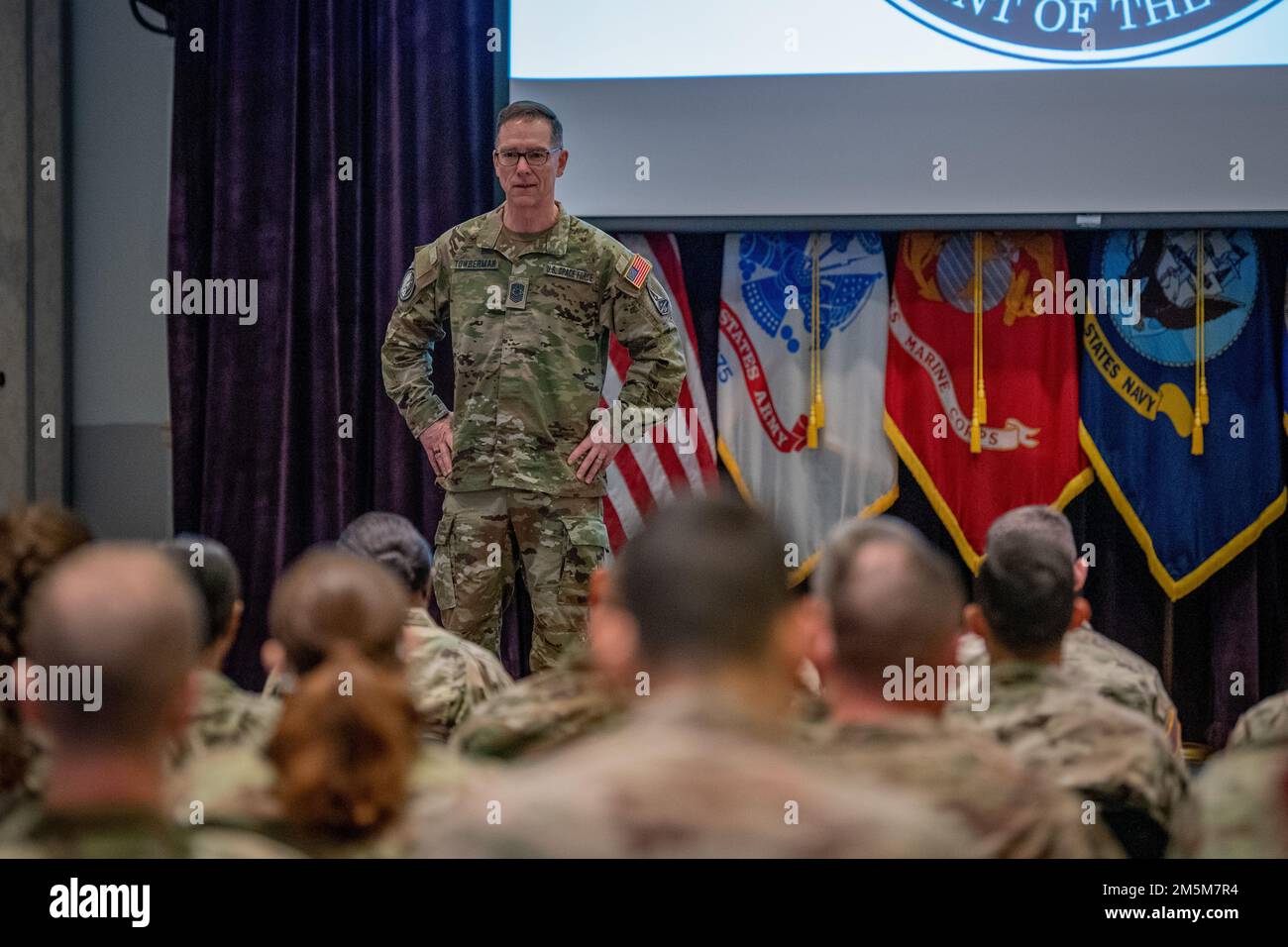 Chief Master Sgt. of the Space Force Roger A. Towberman, speaks at an ...