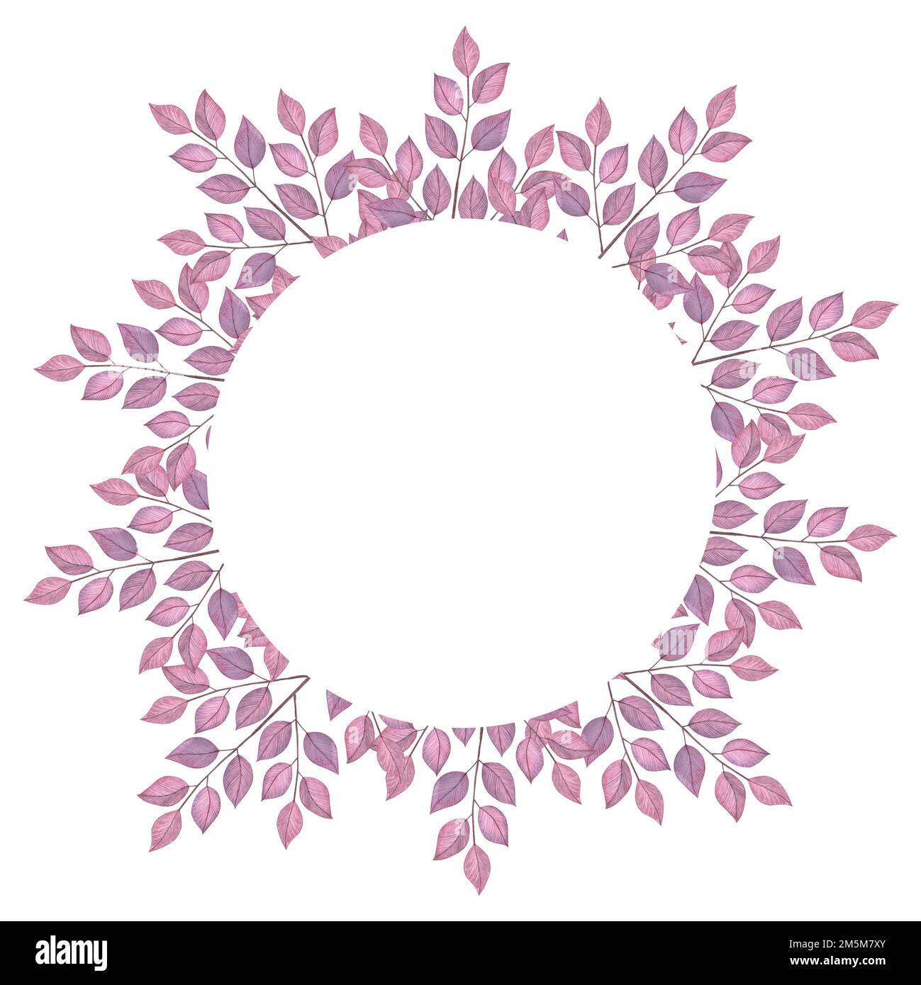 Round frame with abstract purple leaves. Hand drawn watercolor ...