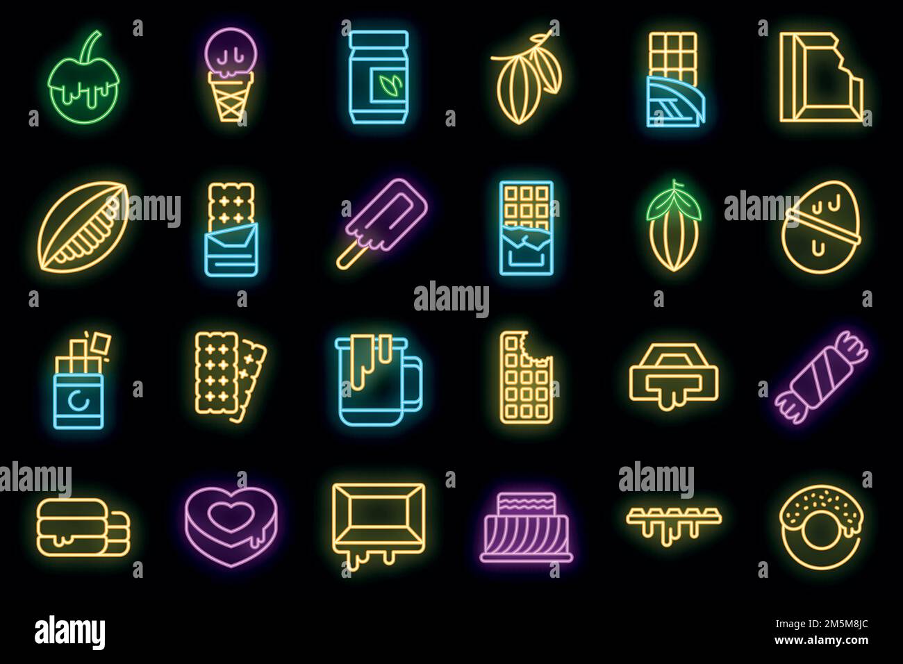 Chocolate icons set. Outline set of chocolate vector icons neon color ...